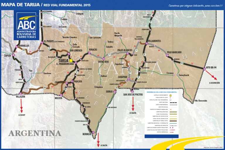 Mapa vial de Tarija y sus principales rutas de conexión interna y con ...