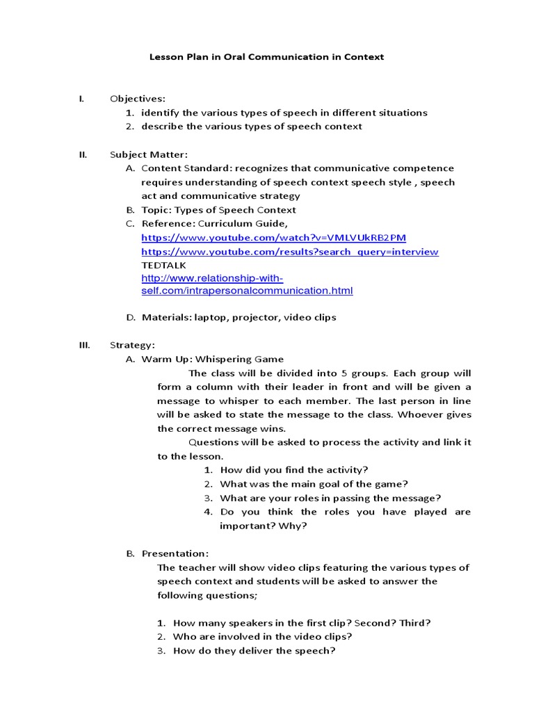 Speech Context LP | Lesson Plan | Human Communication