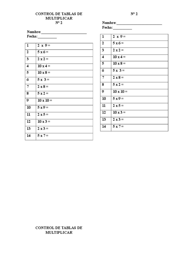 Control de Tablas de Multiplicar | PDF