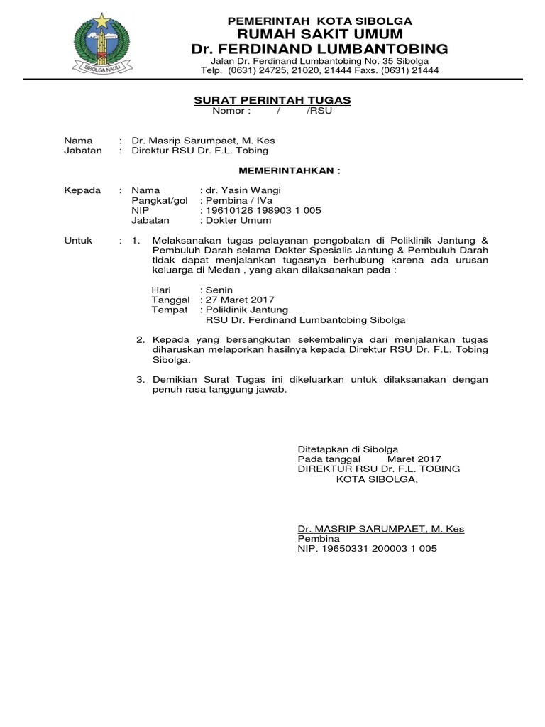 Surat Tugas RSU Dr. F.L. Tobing Sibolga | PDF