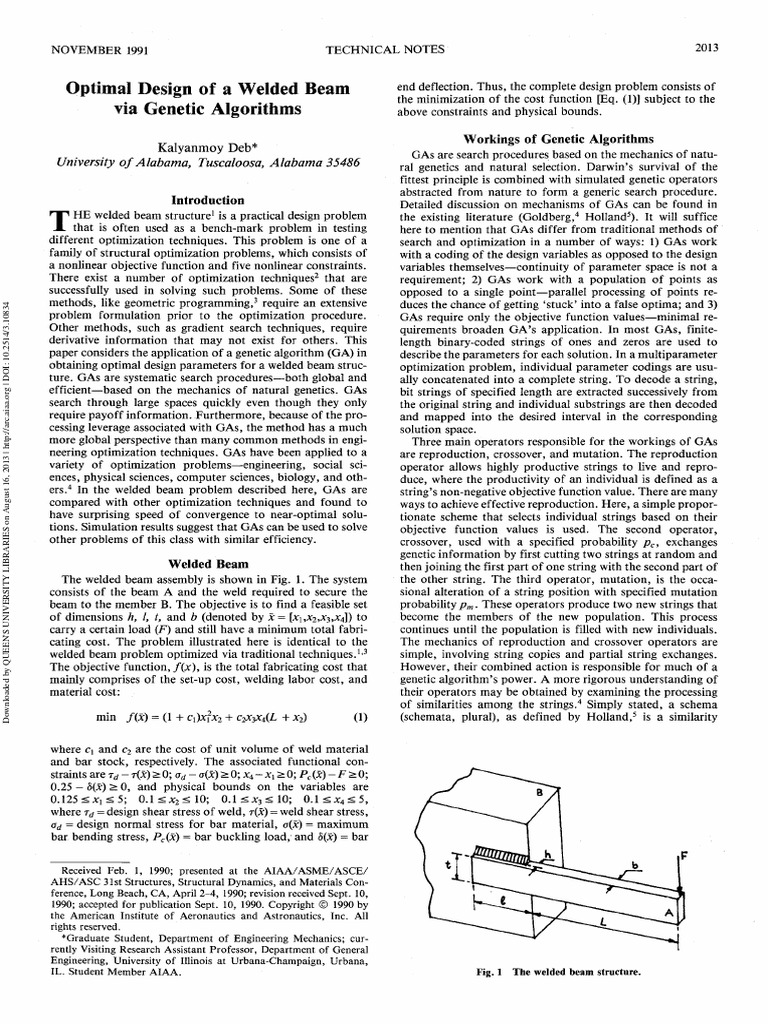 Optimal Design Of A Welded Beam Via Genetic Algorithms Pdf Genetic Algorithm Mathematical