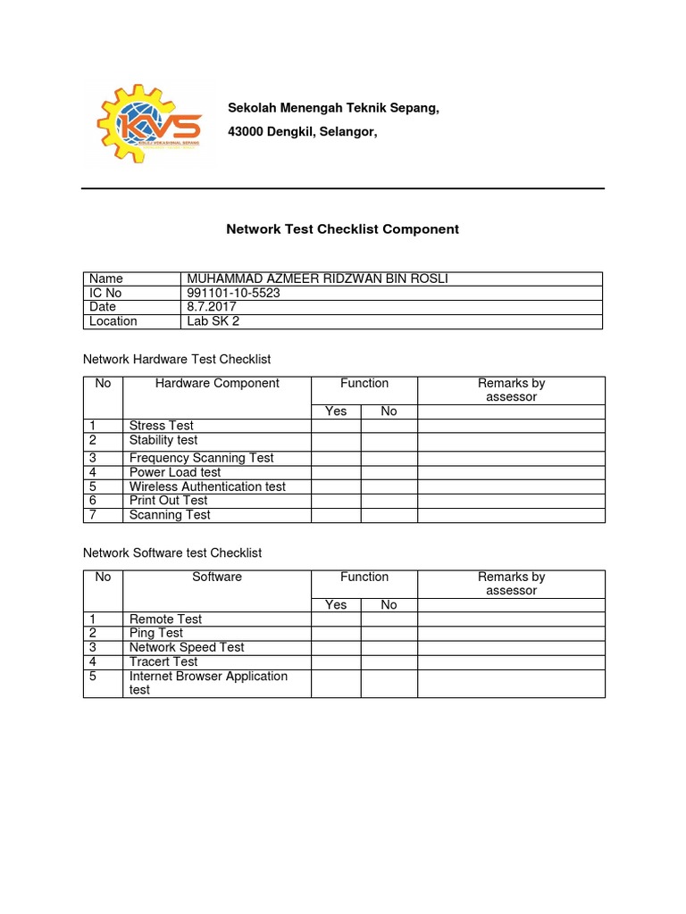 Network Test Checklist Component: Sekolah Menengah Teknik Sepang, 43000 ...
