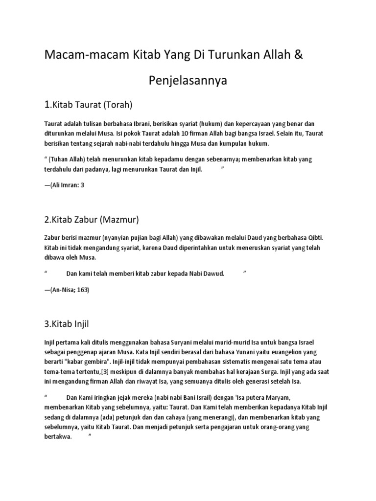 Macam-Macam Kitab Yang Di Turunkan Allah & Penjelasannya | PDF
