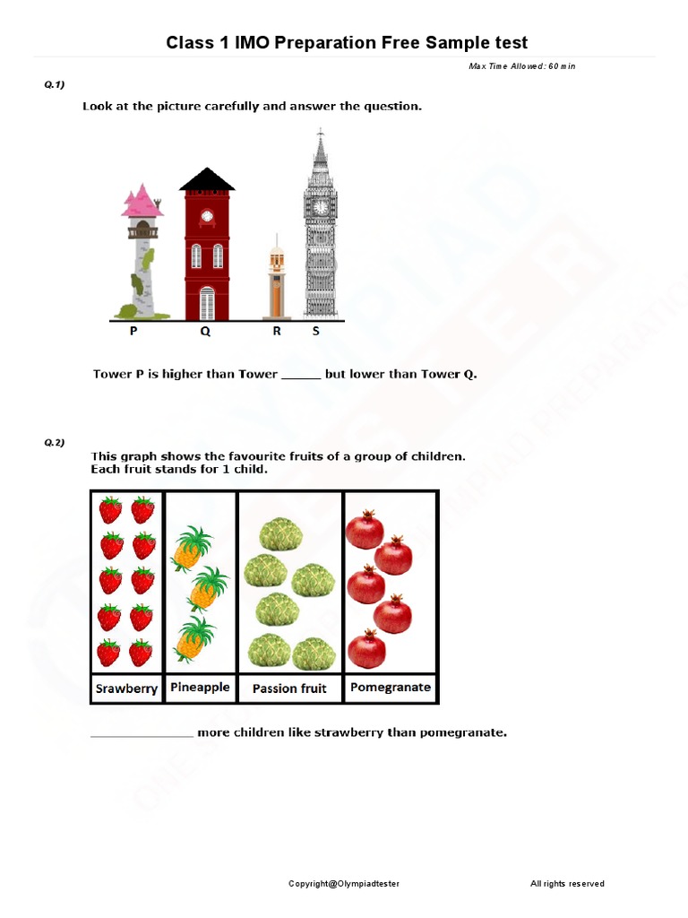 Class 1 IMO Preparation Free Sample Test: Max Time Allowed: 60 Min | PDF