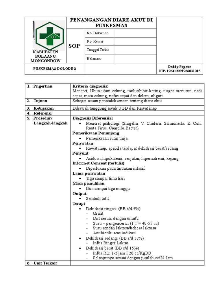 SOP Diare Akut di Puskesmas | PDF