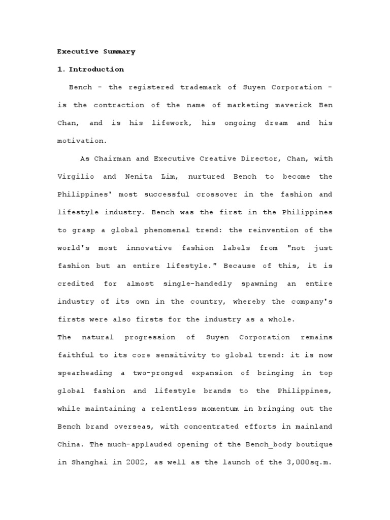 Executive Summary of Bench | Download Free PDF | Retail | Swot Analysis