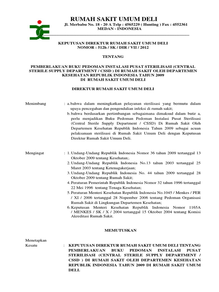 Contoh SK Kebijakan Pemberlakuan Buku Pedoman CSSD Rs Deli | PDF