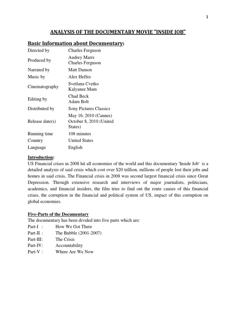 Analysis of The Documentary Movie "Inside Job" Basic Information About ...