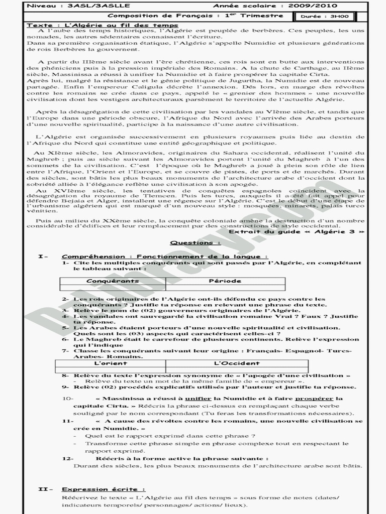 Dzexams 3as Francais t1 20101 1 | PDF