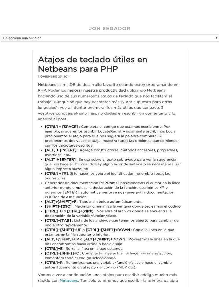 Atajos de Teclado Útiles en Netbeans para PHP - Jon Segador | PDF
