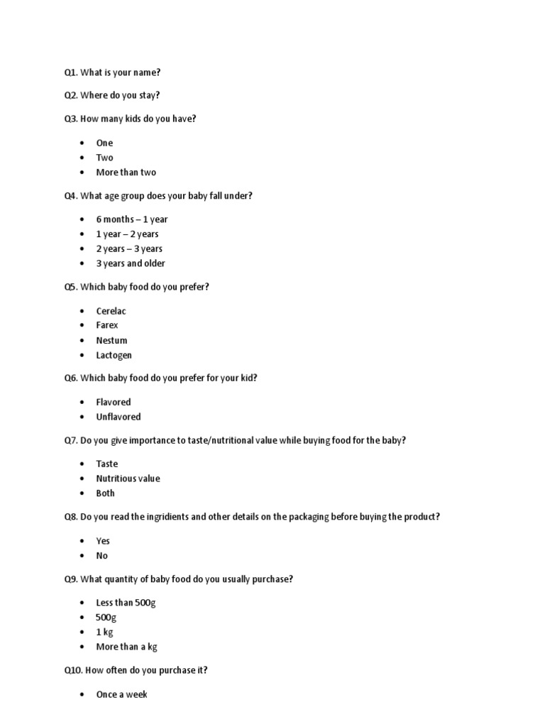 Cerelac Questionnaire | PDF