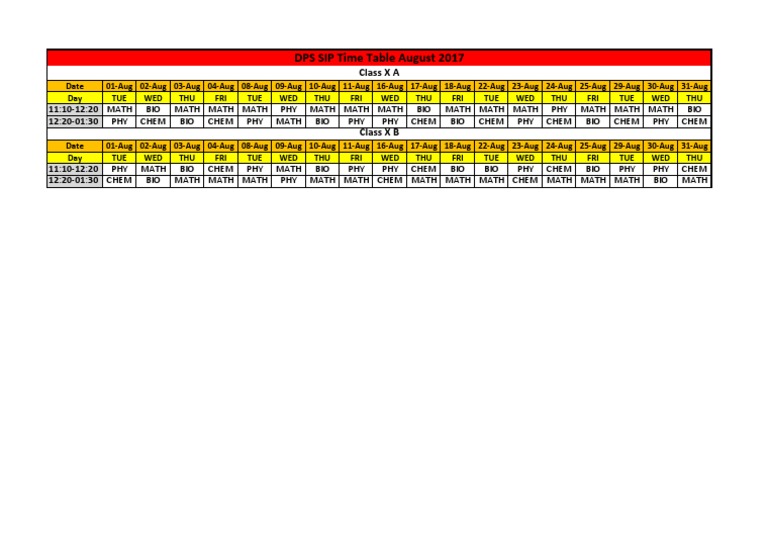 TimeTable-DPS - August Time Table Class-X - 0110 | PDF