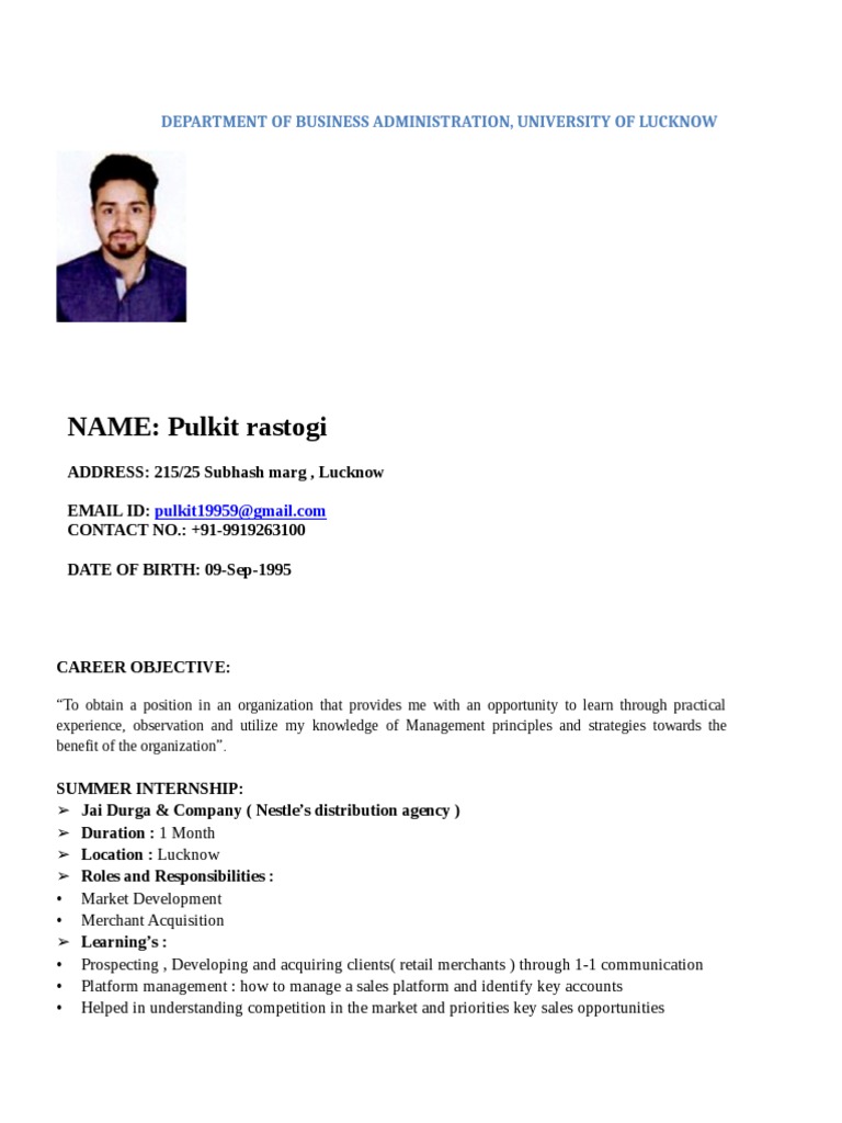 NAME: Pulkit Rastogi: Department of Business Administration, University ...