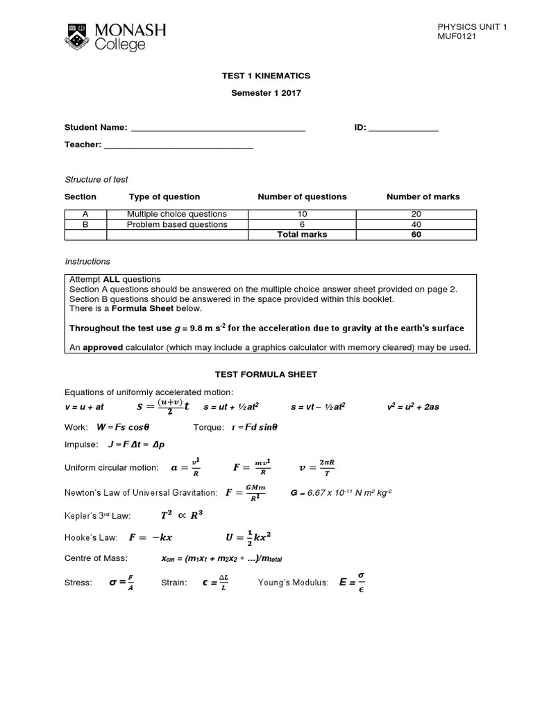 Test 1 Unit 1 Physics Sem 1 2017 | PDF | Acceleration | Velocity