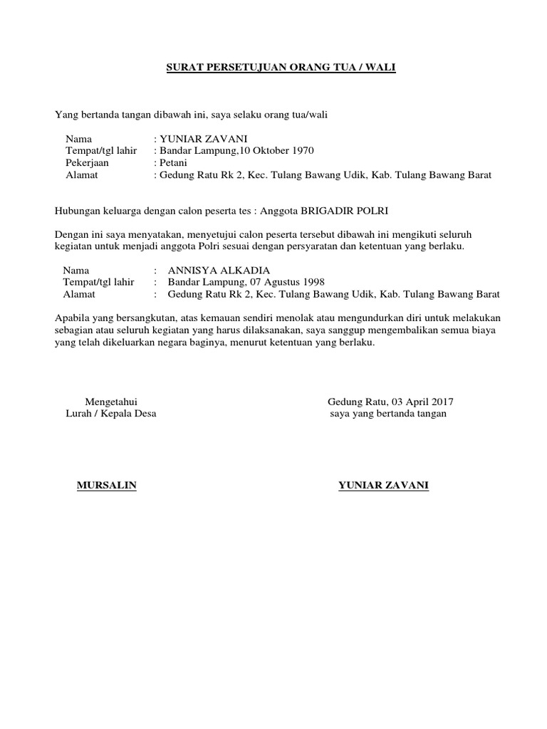 Contoh Surat Persetujuan Orang Tua | PDF