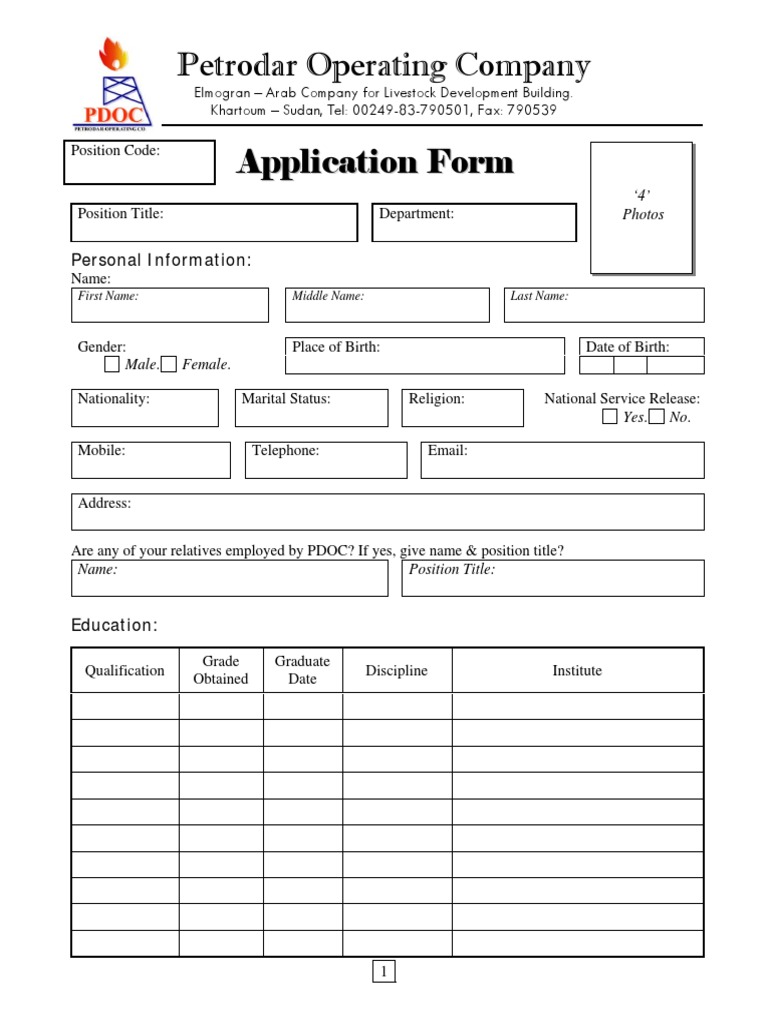Petrodar Operating Company: A P P L I C A T I o N F o R M | PDF ...