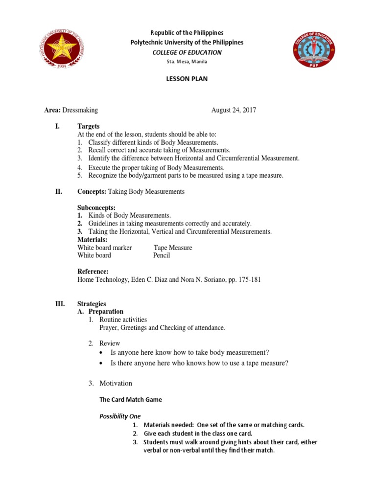 Lesson Plan Taking Body Measurements | Human Appearance | Measurement