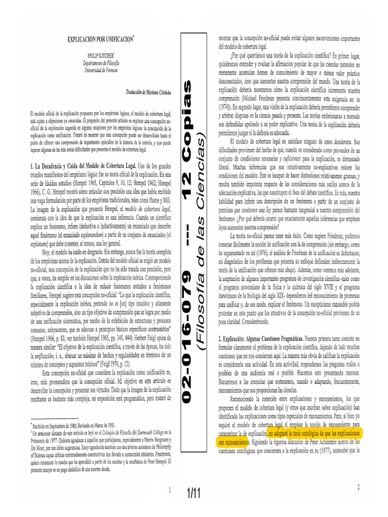 Kitcher Explicacion Por Unificacion PDF | PDF