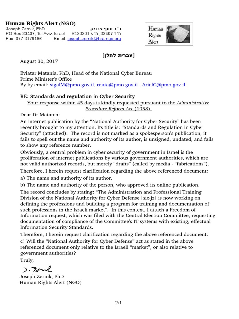 Human Rights Alert: Sigalm@Pmo - Gov.Il Reuta@Pmo - Gov.Il Arielc@Pmo - Gov.Il | PDF