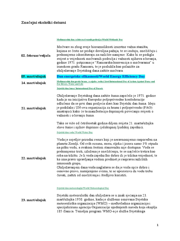 Znacajni Ekoloski Datumi | PDF