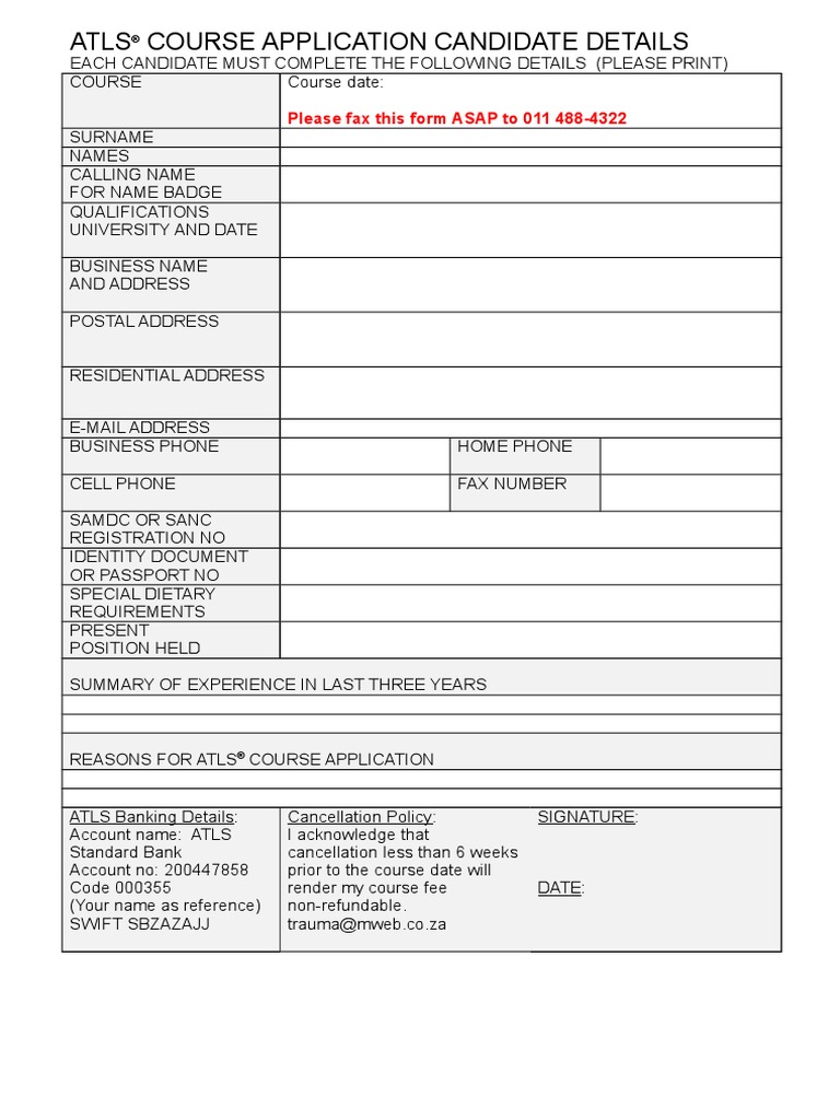Atls Course Application Candidate Details: Please Fax This Form ASAP To ...