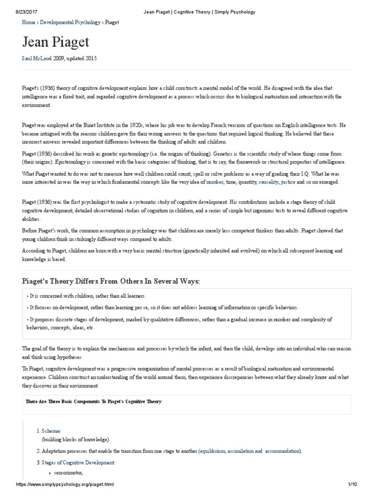 Jean Piaget - Cognitive Theory - Simply Psychology | PDF | Schema ...