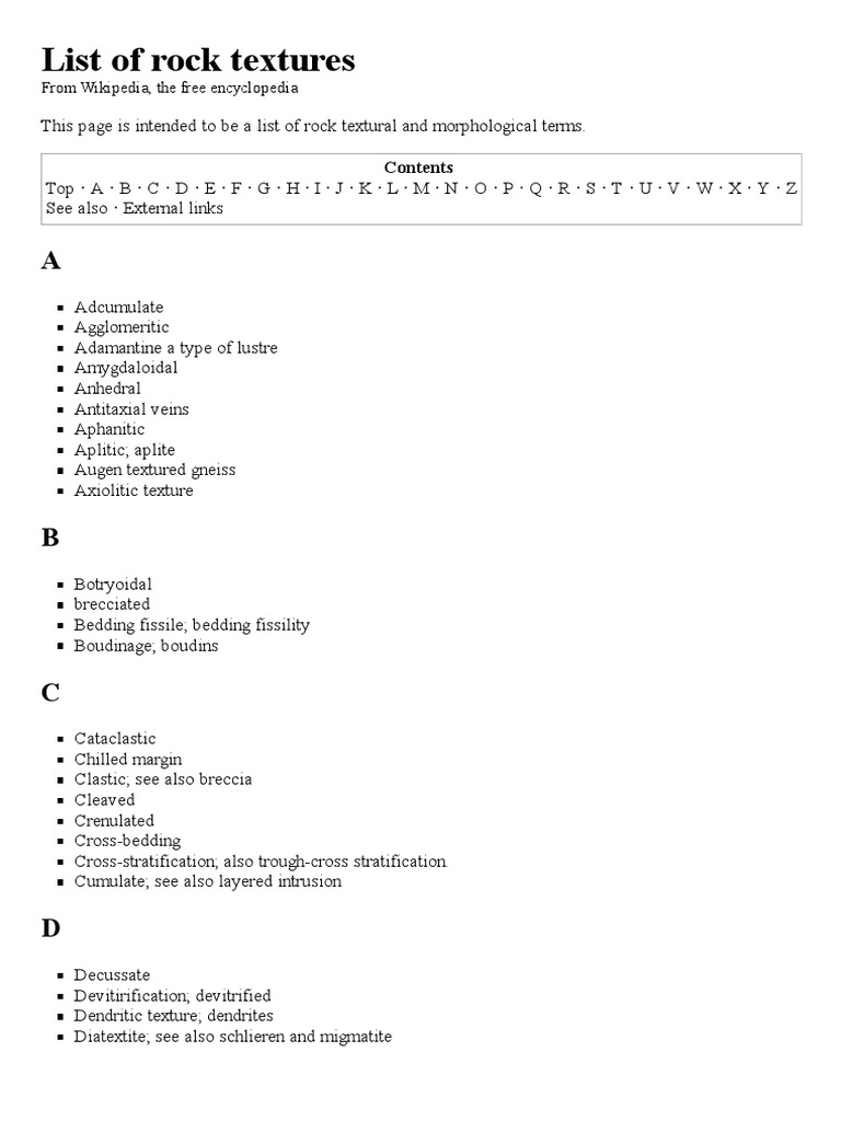 List of Rock Textures - Wikipedia | PDF | Rocks | Geology