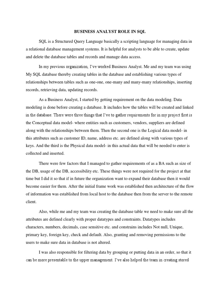 Business Analyst Role in SQL | PDF | Sql | Databases