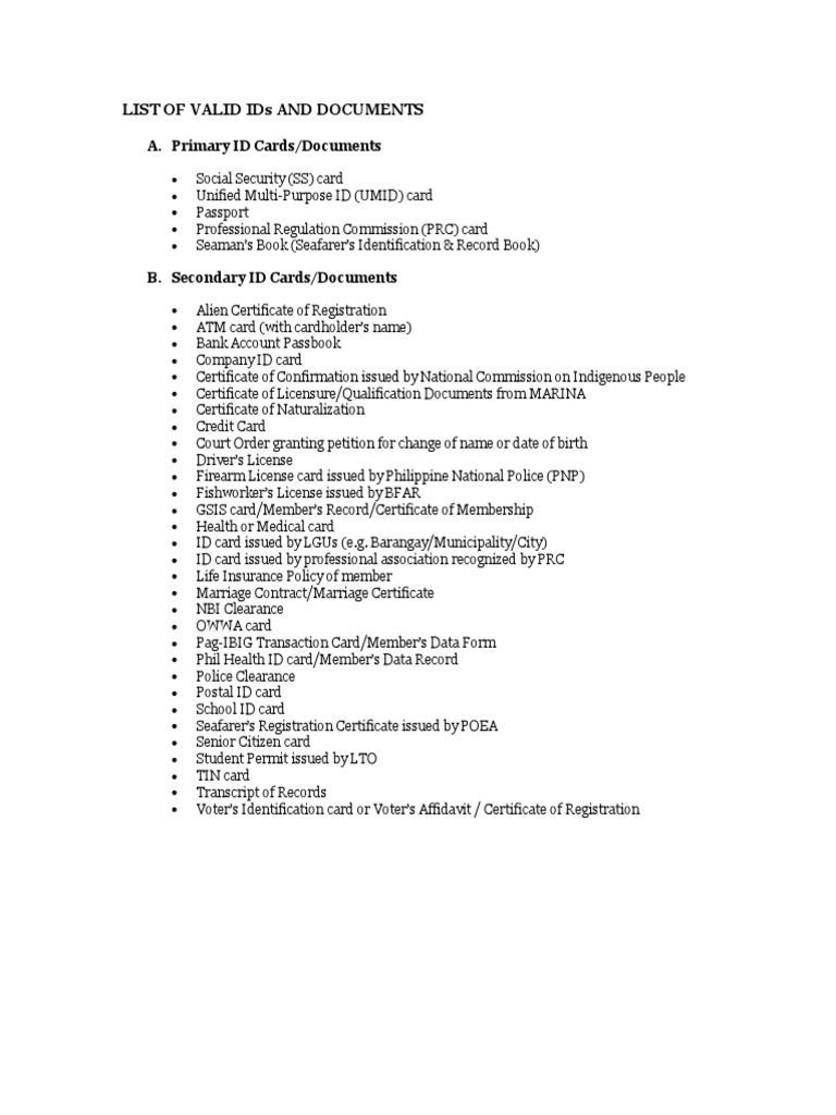 List of Valid Identification Cards PDF | PDF | Identity Document | Document