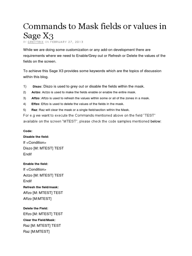 Commands To Mask Fields or Values in Sage X3 | PDF | Computers