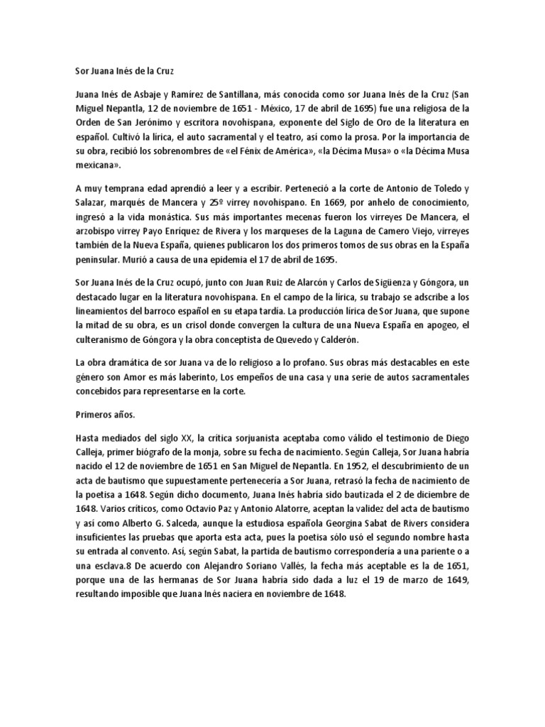 Sor Juana Inés de La Cruz BIOGRAFIA | PDF | Religión y creencia