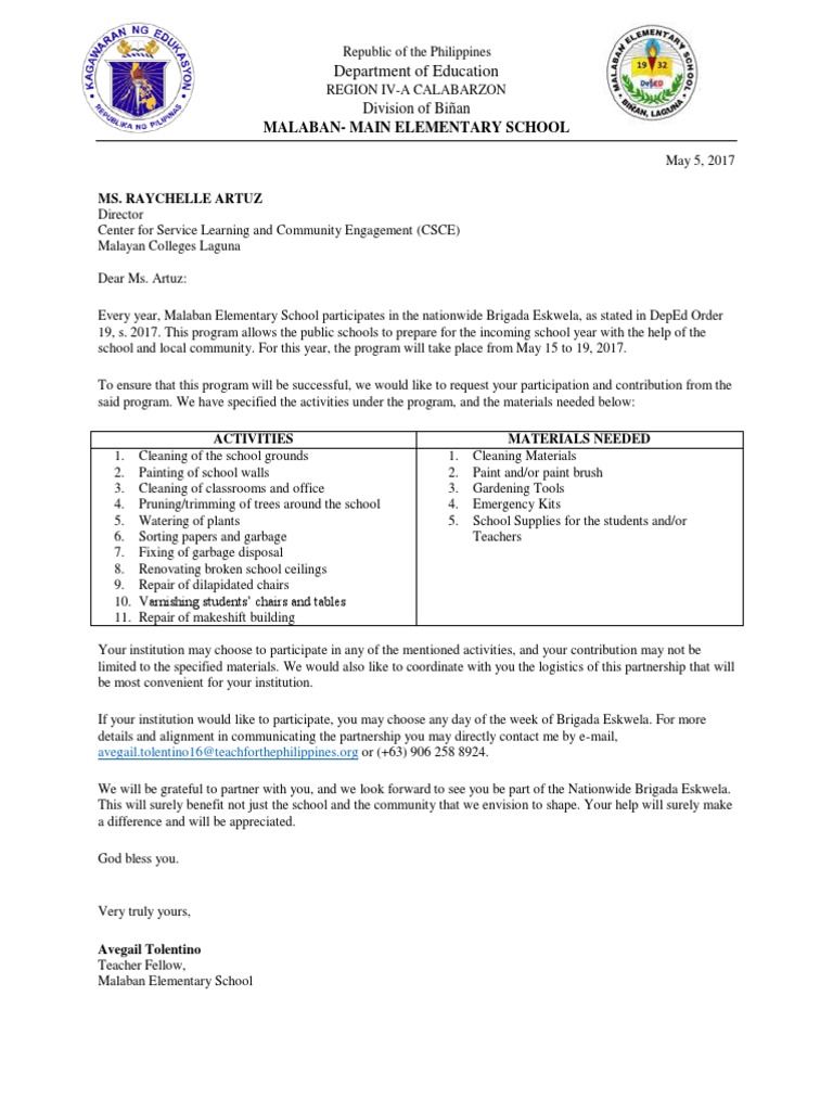 Brigada Eskwela Sample | PDF | Teachers | Further Education