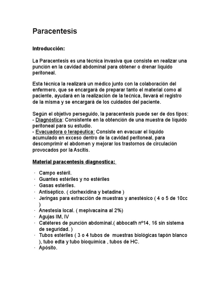 Guía completa sobre el procedimiento de Paracentesis | PDF | Anestesia ...