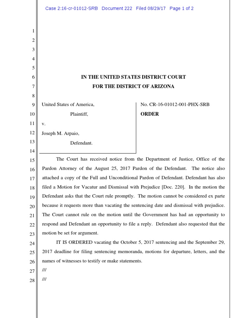 Joseph Arpaio - Order Vacating Sentencing Dates and Request For ...