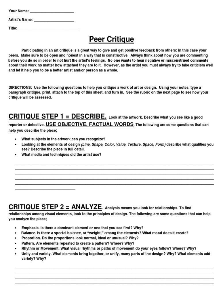 2a - Critique Worksheet - With Rubric CCPD - National Standards | PDF ...
