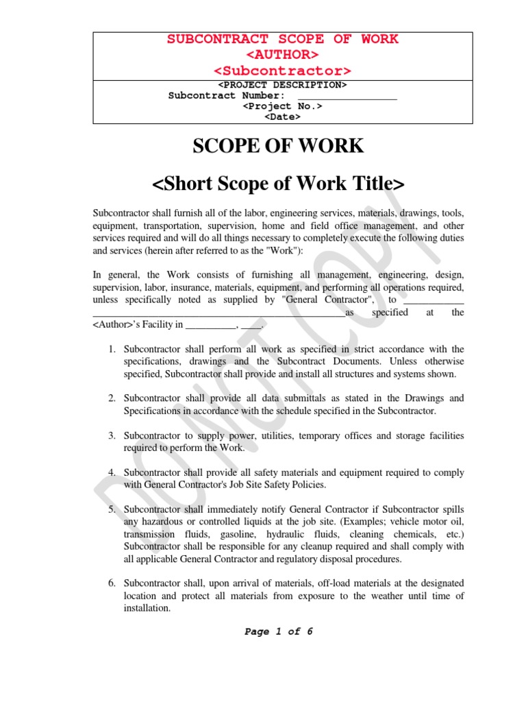 Subcontract Scope of Work | PDF | General Contractor | Specification ...