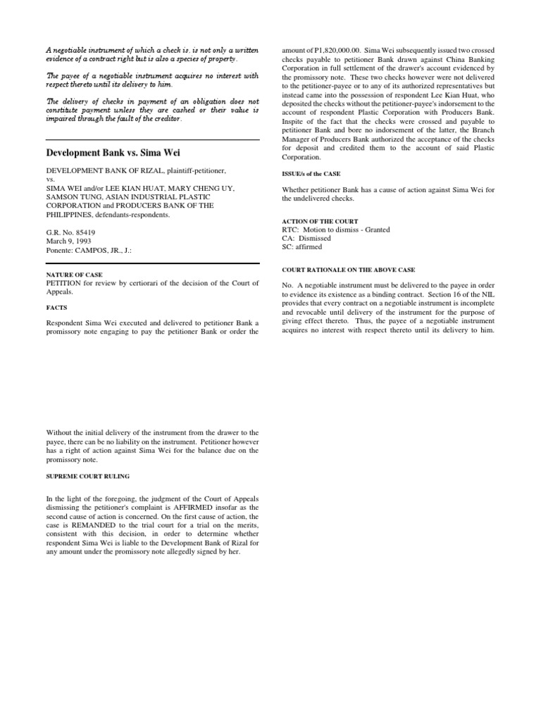 Development Bank vs. Sima Wei | PDF | Negotiable Instrument ...