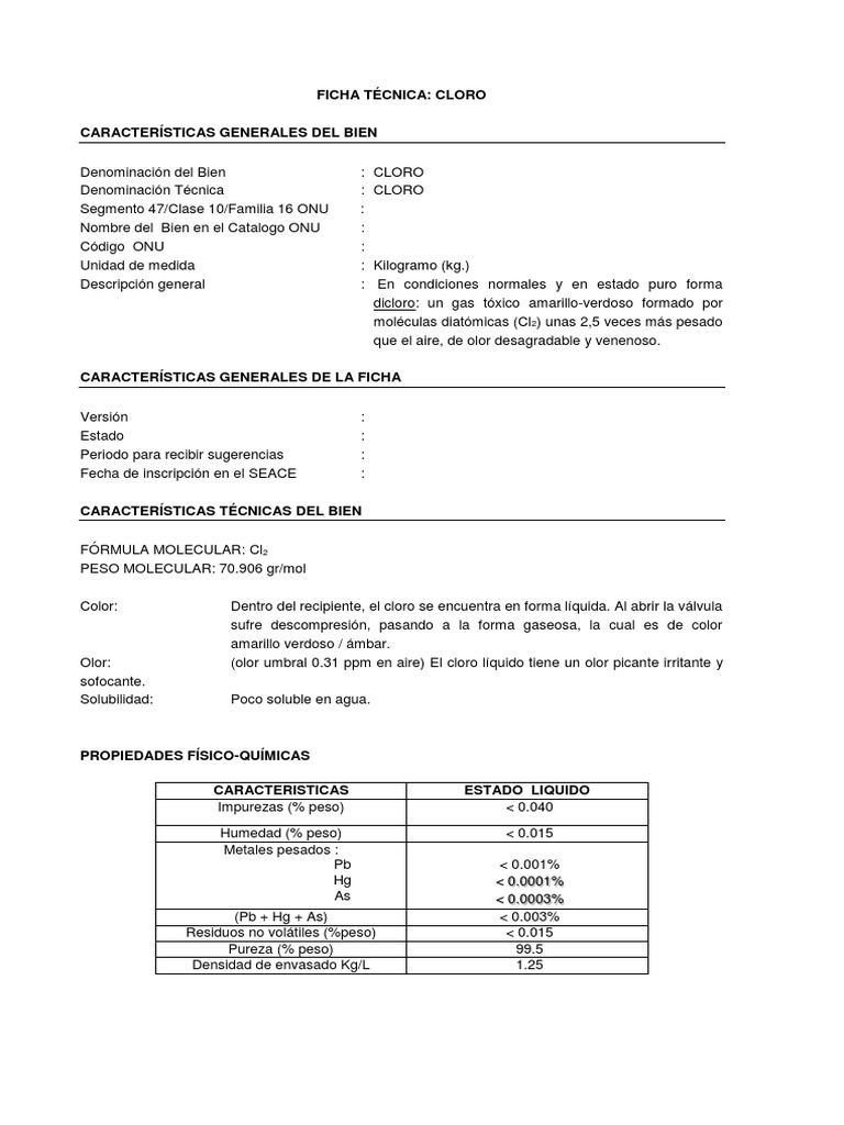 Ficha Técnica del Cloro | PDF | Cloro | Conjuntos de elementos químicos