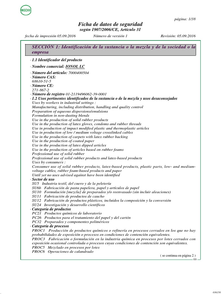 Ficha de Seguridad IONOL LC | PDF | Contaminación | Agua