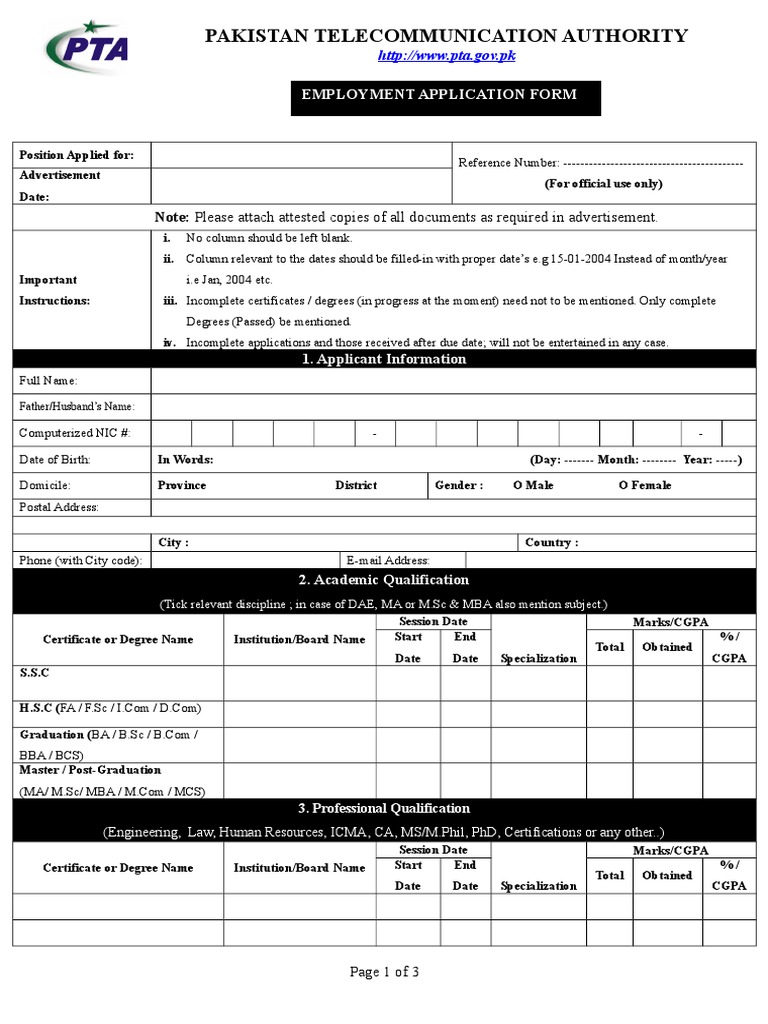 Pakistan Telecommunication Authority: Employment Application Form | PDF ...