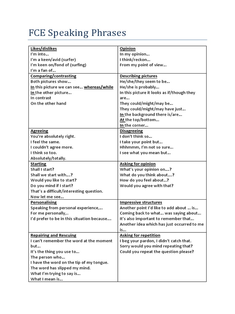 Fce Speaking Phrases | PDF | Cognition | Cognitive Science