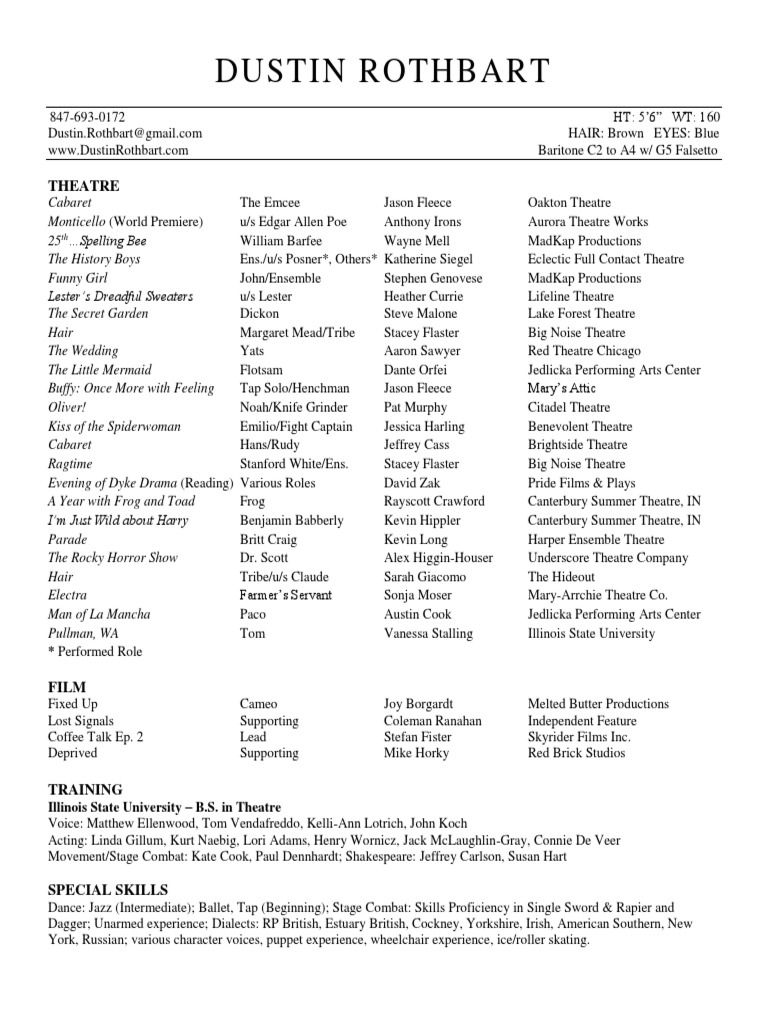 Dustin Rothbart Acting Resume | PDF | Entertainment | Performing Arts