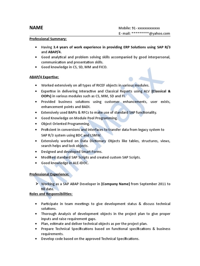 SAP Oops Abap Sample Resume 1 | Debits And Credits | Invoice SAP Oops Abap Sample Resume 1 | Debits And Credits | Invoice