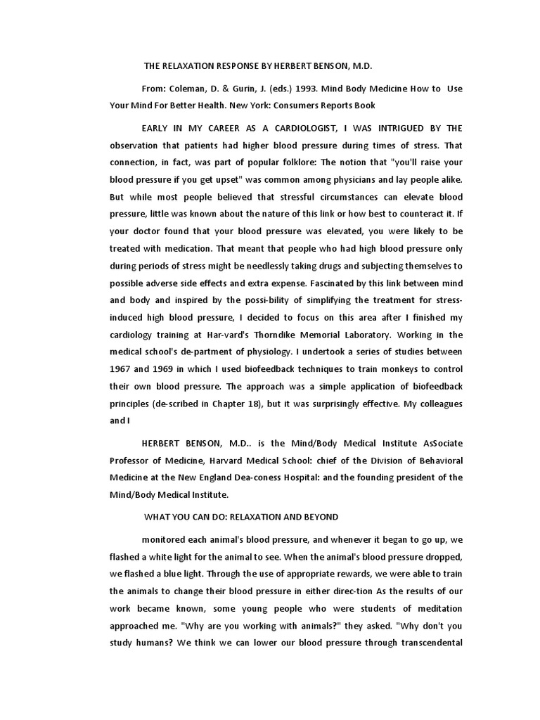 The Relaxation Response by Herbert Benson | PDF | Breathing | Physiology