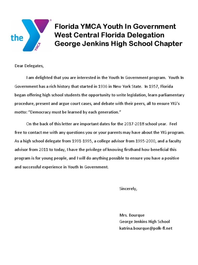florida ymca youth in government folder letter | Politics