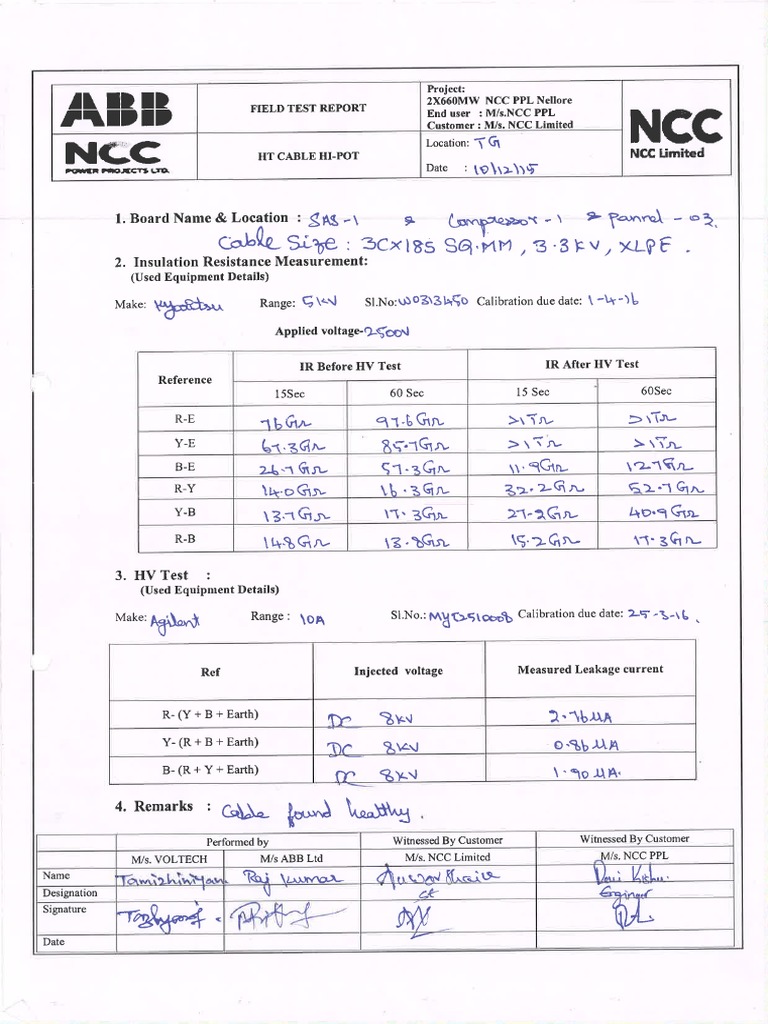 Air Compressors-1,2,3,4,5 Cable Hi-Pot Test Report | PDF