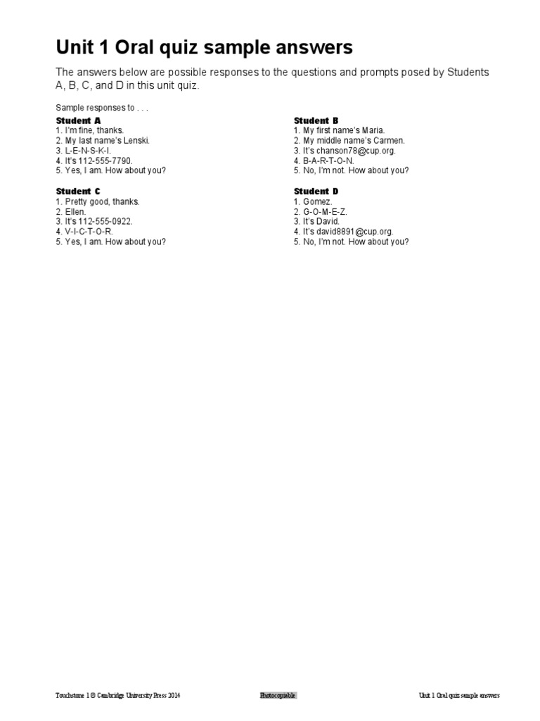 Unit 1 Oral Quiz Sample Answers | PDF