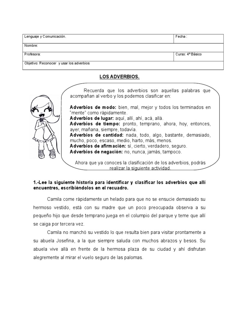 Guia Adverbios Cuarto Basico | Adverbio | Ocio