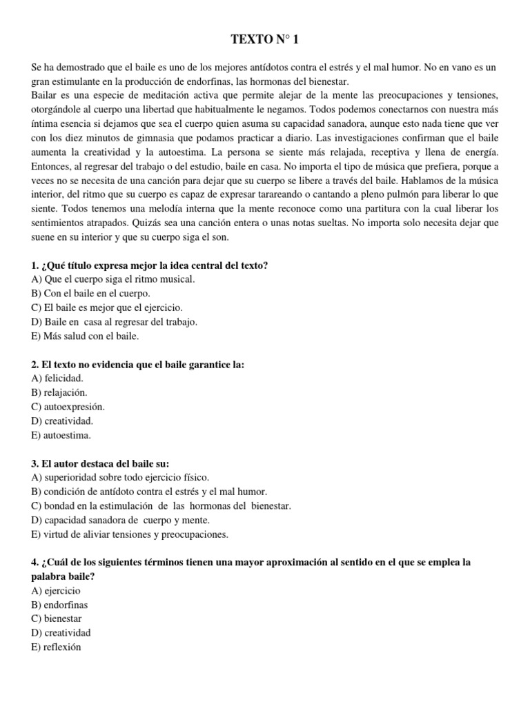 Ejercicios de Comprensión de Lectura Para Bachillerato