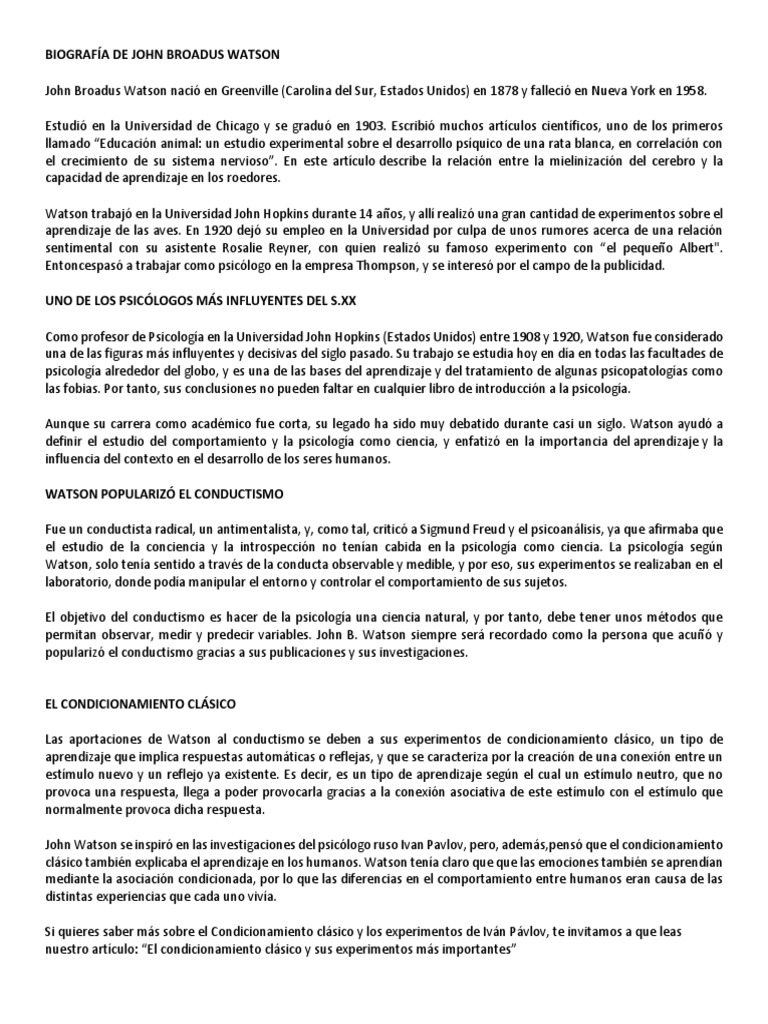 Biografía de John Broadus Watson | PDF | Sicología | Conceptos psicologicos